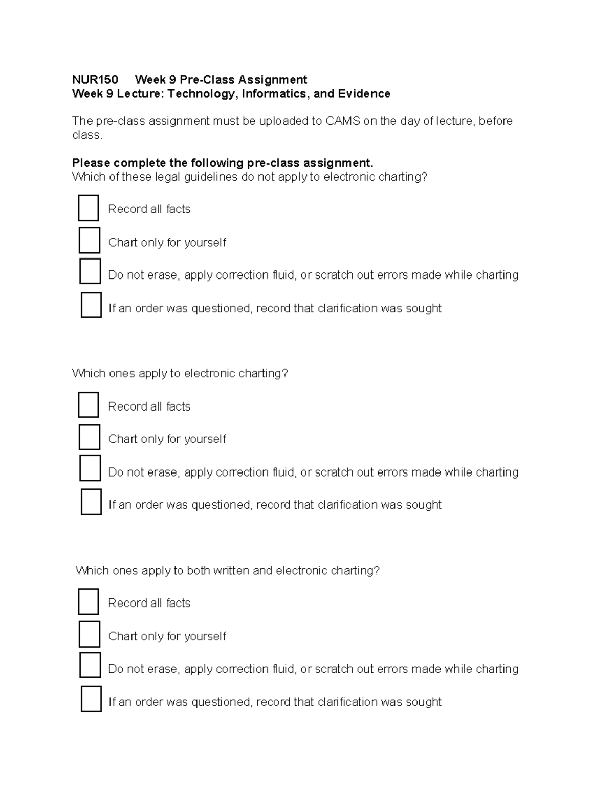 NUR150 Week 9 Pre-Class Assignment: Tech & Charting Guidelines - Studocu