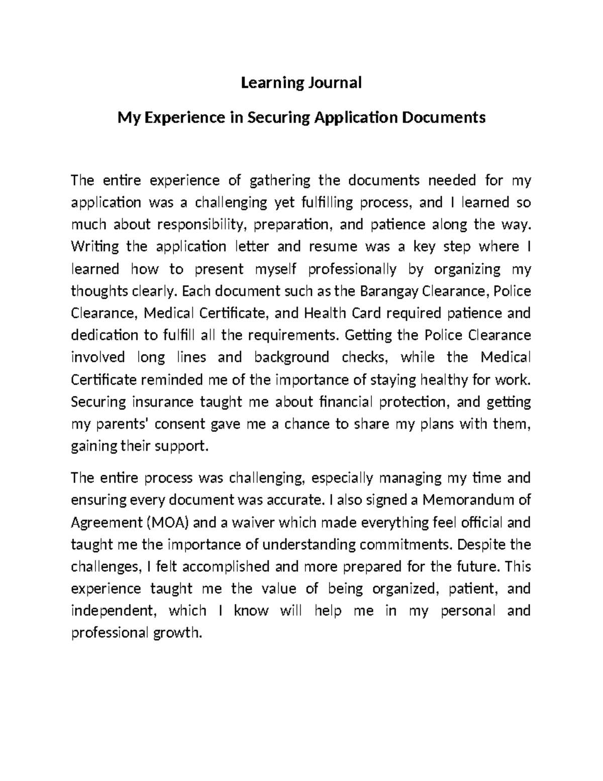 Journal prior ojt - Learning Journal My Experience in Securing ...