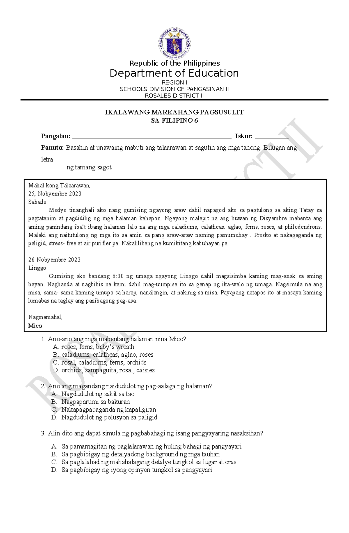 Quarter 2 PT Grade 6 Filipino 10 16 25 Exam Review - Studocu