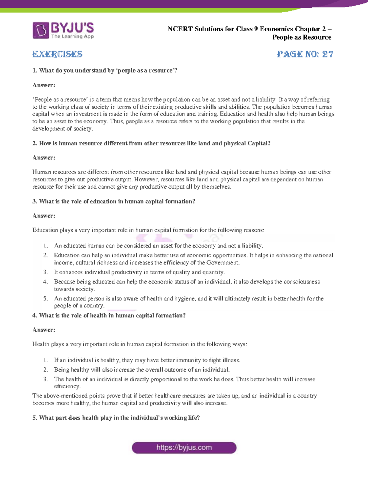 Ncert Solutions for Class 9 Economics Chapter 2 People as Resources ...
