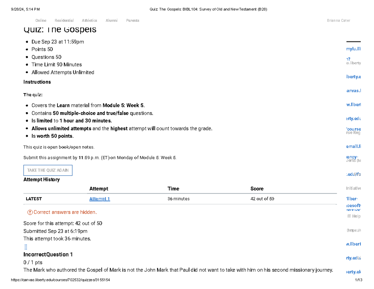 Quiz on The Gospels BIBL104: Survey of Old & New Testament (B28) - Studocu