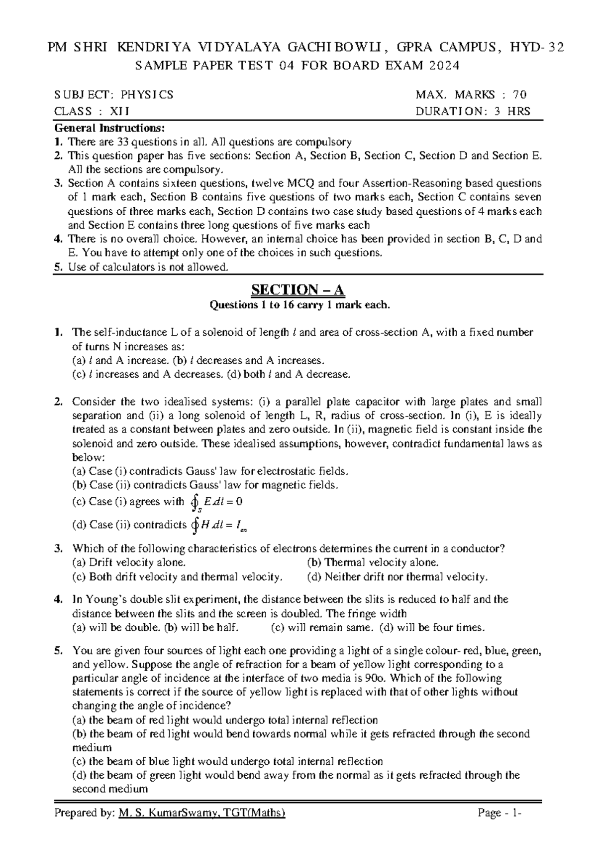 Physics Class 12 Sample Paper Test 04 for Board Exam 2024 - Studocu