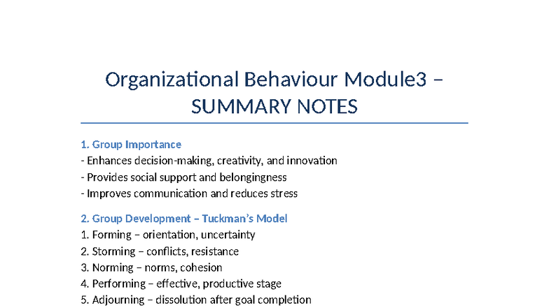 OB Module 3: Summary Notes on Group Dynamics & Leadership - Studocu
