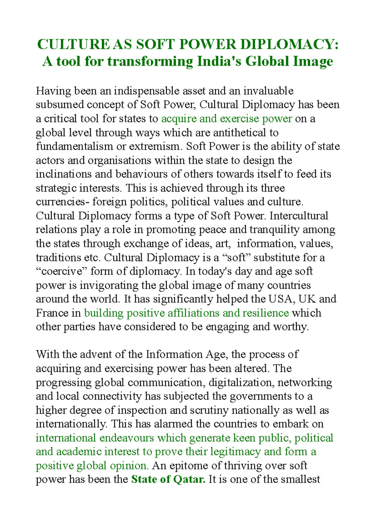 Cultural diplomacy final 1 - CULTURE AS SOFT POWER DIPLOMACY: A tool ...