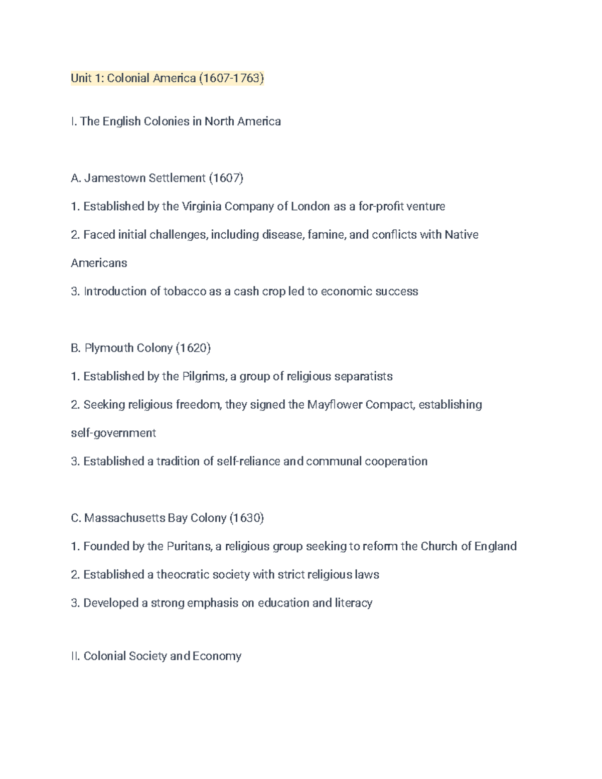 Unit 1: Colonial America (1607-1763) - Key Aspects & Developments - Studocu