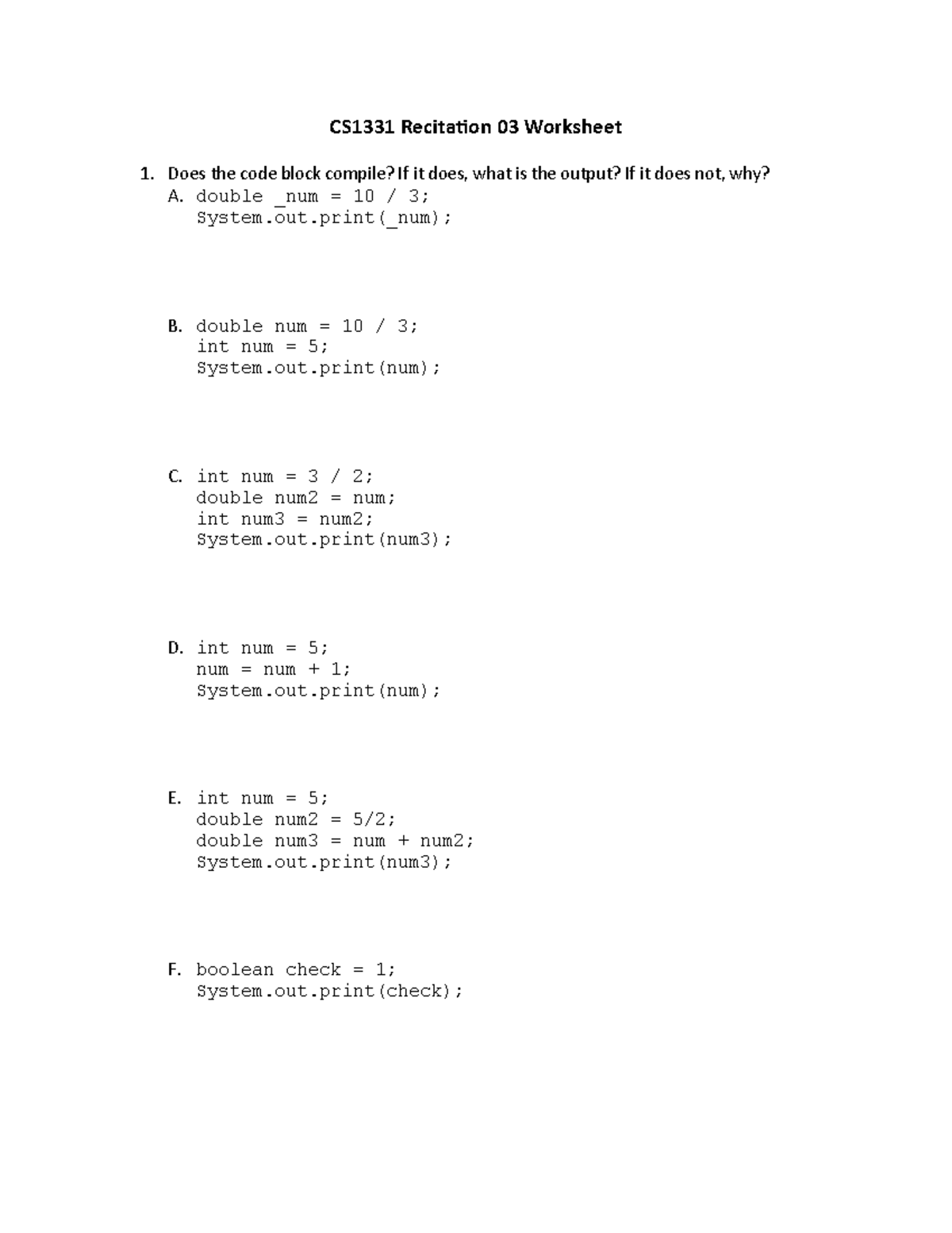 CS1331 Recitation 03 Worksheet: Code Compilation & Debugging - Studocu