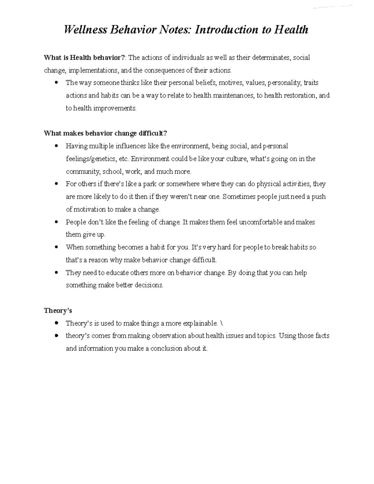 Health Behavior Notes 1: Insights on Wellness and Change - Studocu
