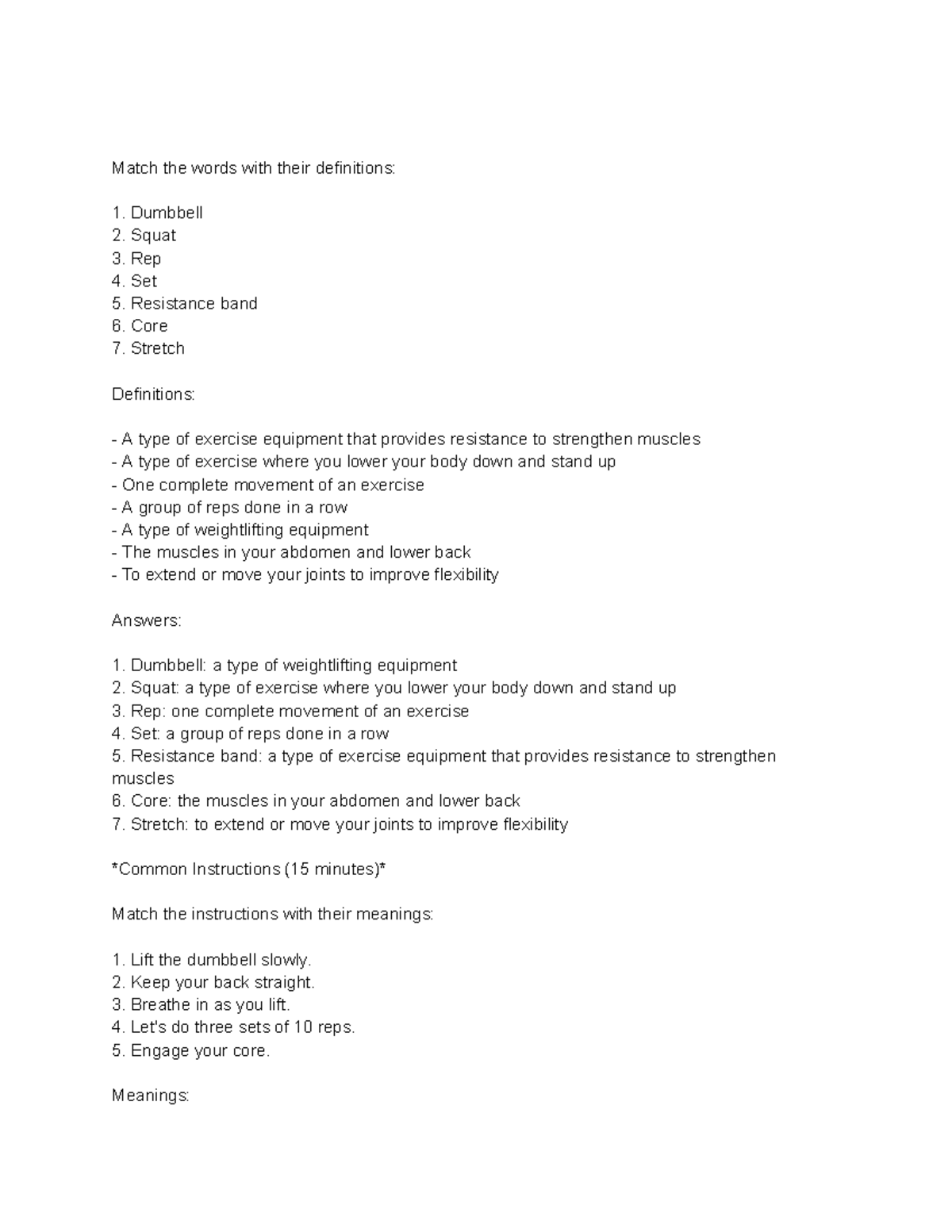 Strength Training Vocabulary: Key Terms and Exercise Instructions - Studocu