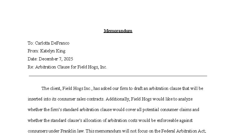 MPT #2: Drafting an Arbitration Clause for Field Hogs, Inc. - Studocu