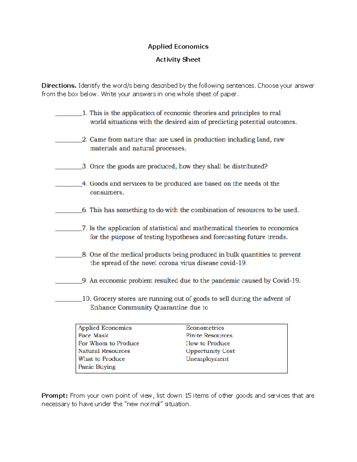 Applied Economics - Activity sheets - SHS Filipino - Applied Economics ...