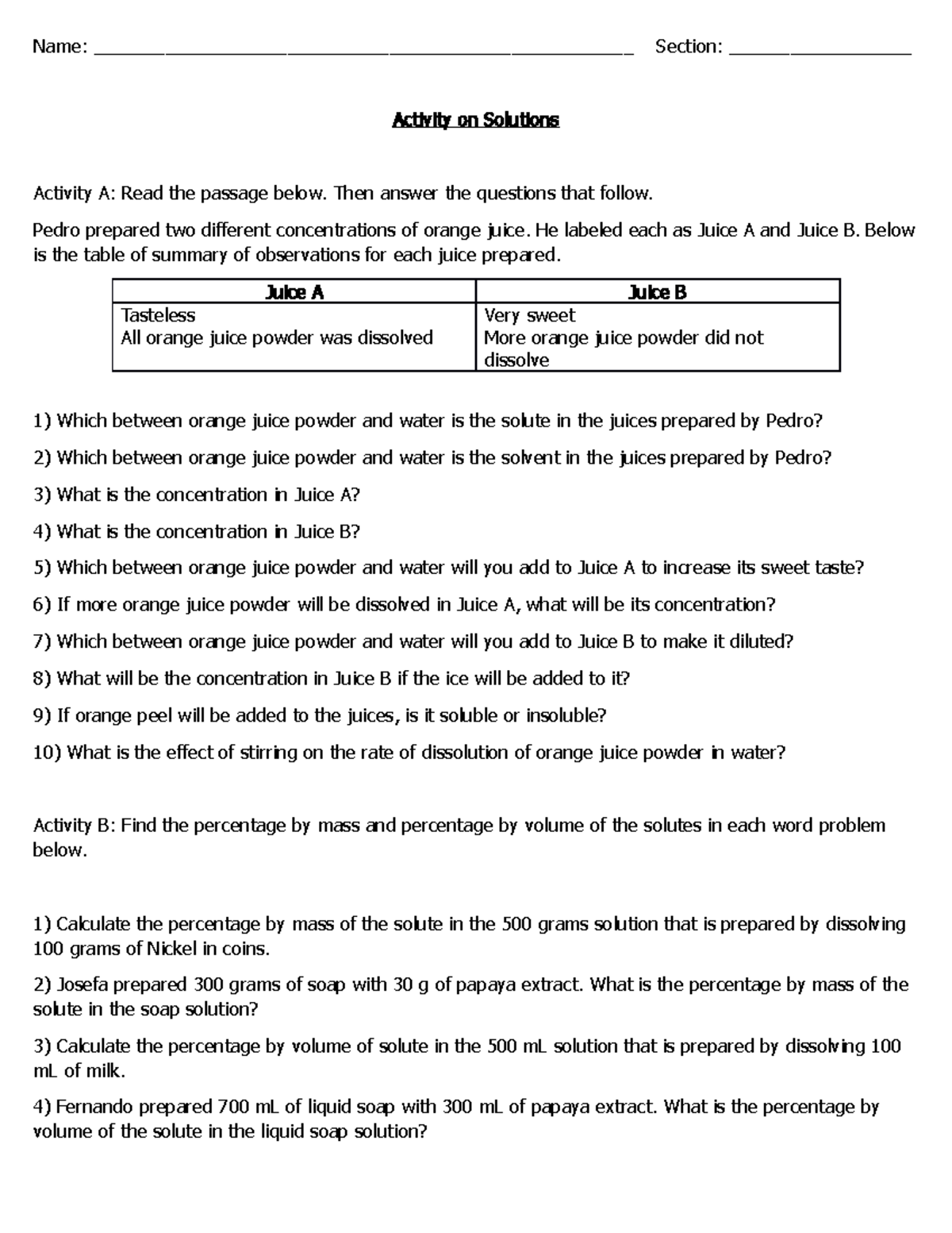 Activity Sheet: Understanding Solutions Concepts & Calculations - Studocu