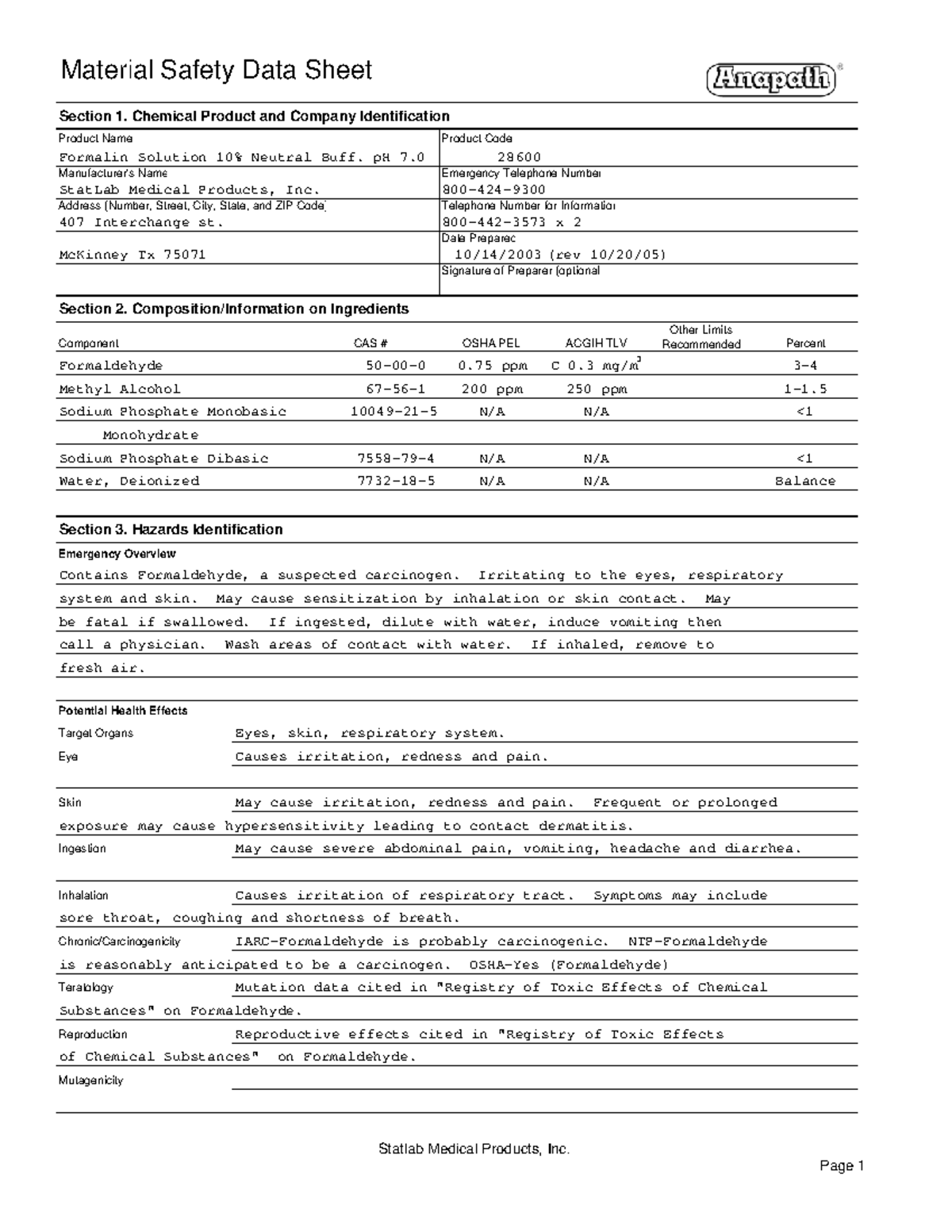 MSDS for Formalin Solution (Product Code: 28600) - Key Information ...