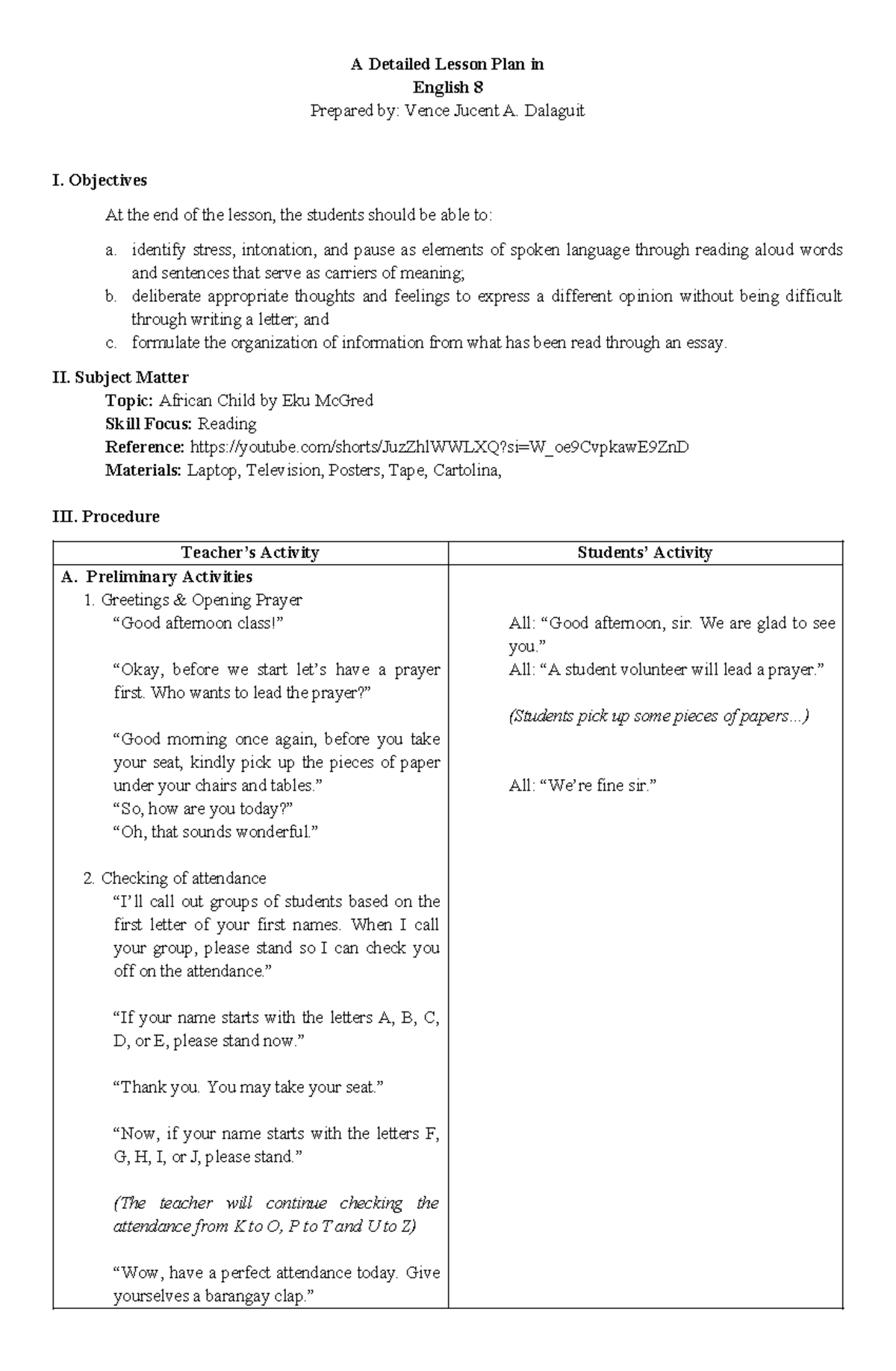 A Detailed Lesson Plan in English 8: Exploring "The African Child" Poem ...