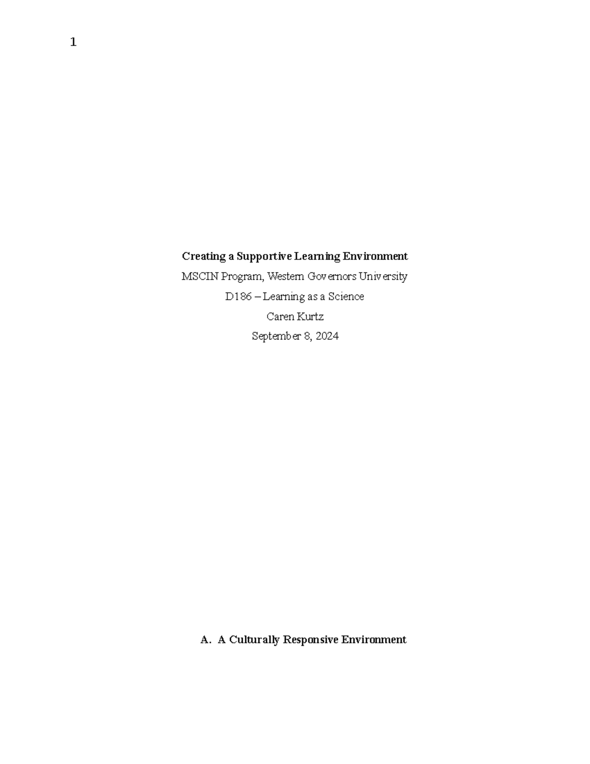 D186 Task 1 Creating A Supportive Learning Environment Creating A Supportive Learning