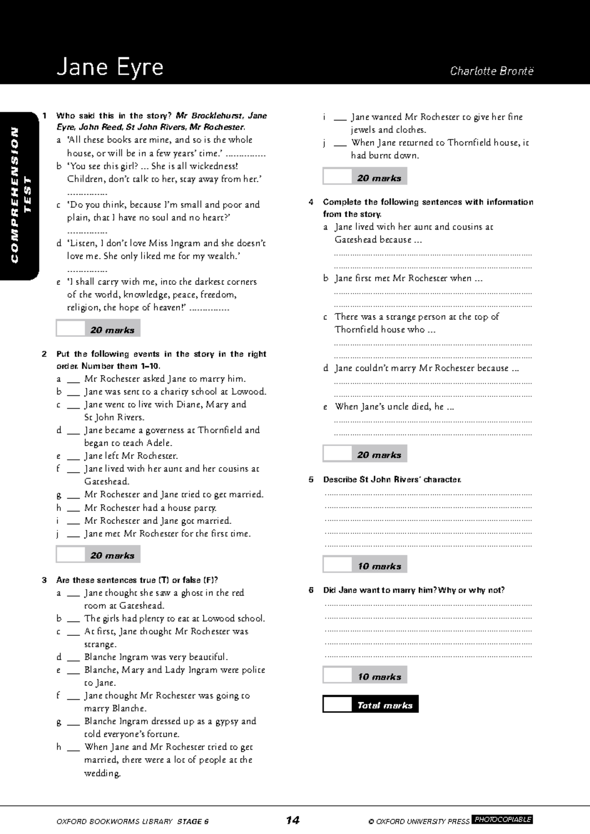 Jane Eyre COMPREHENSION TEST 1 Activities and Questions - Studocu