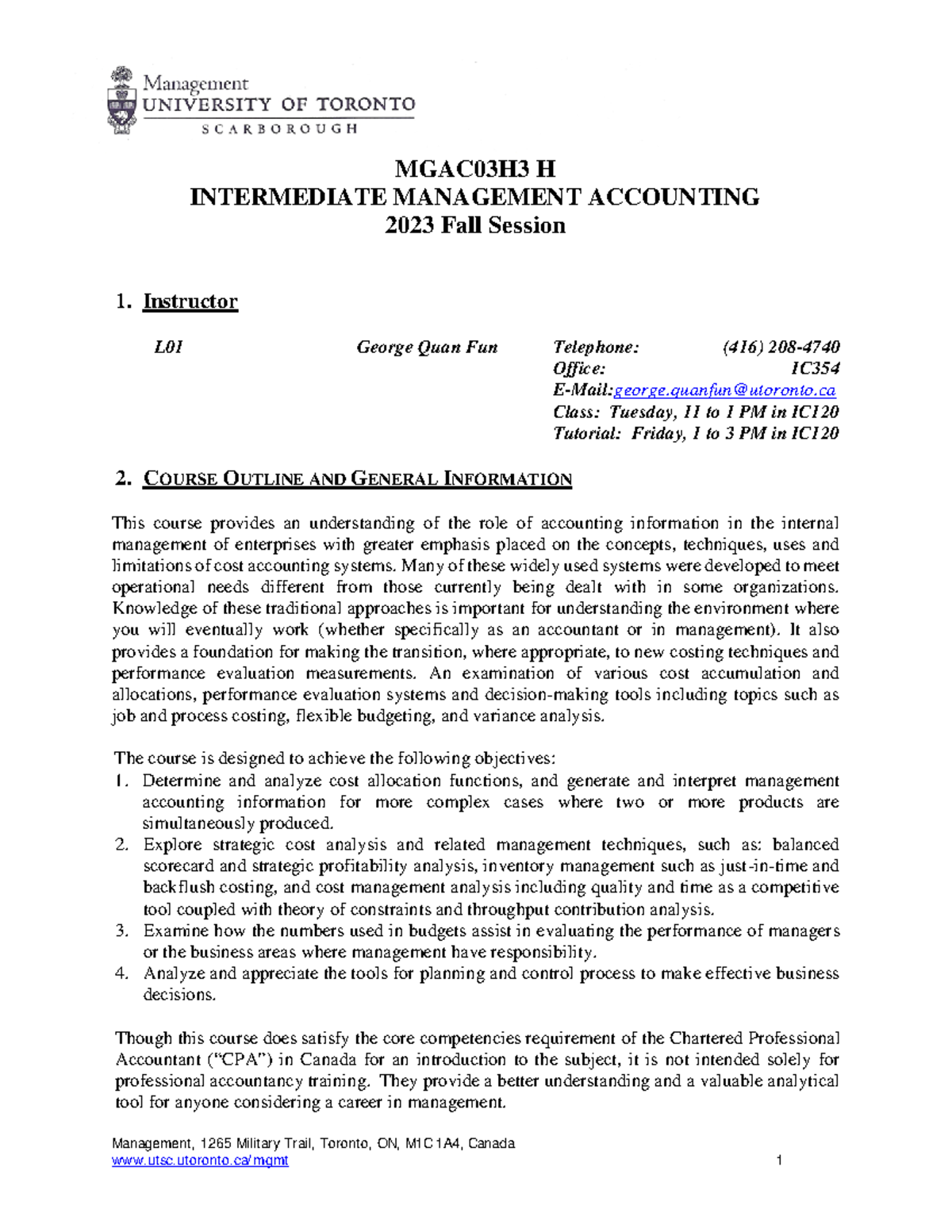 2023F MGAC03H3 Intermediate Management Accounting Course Outline - Studocu