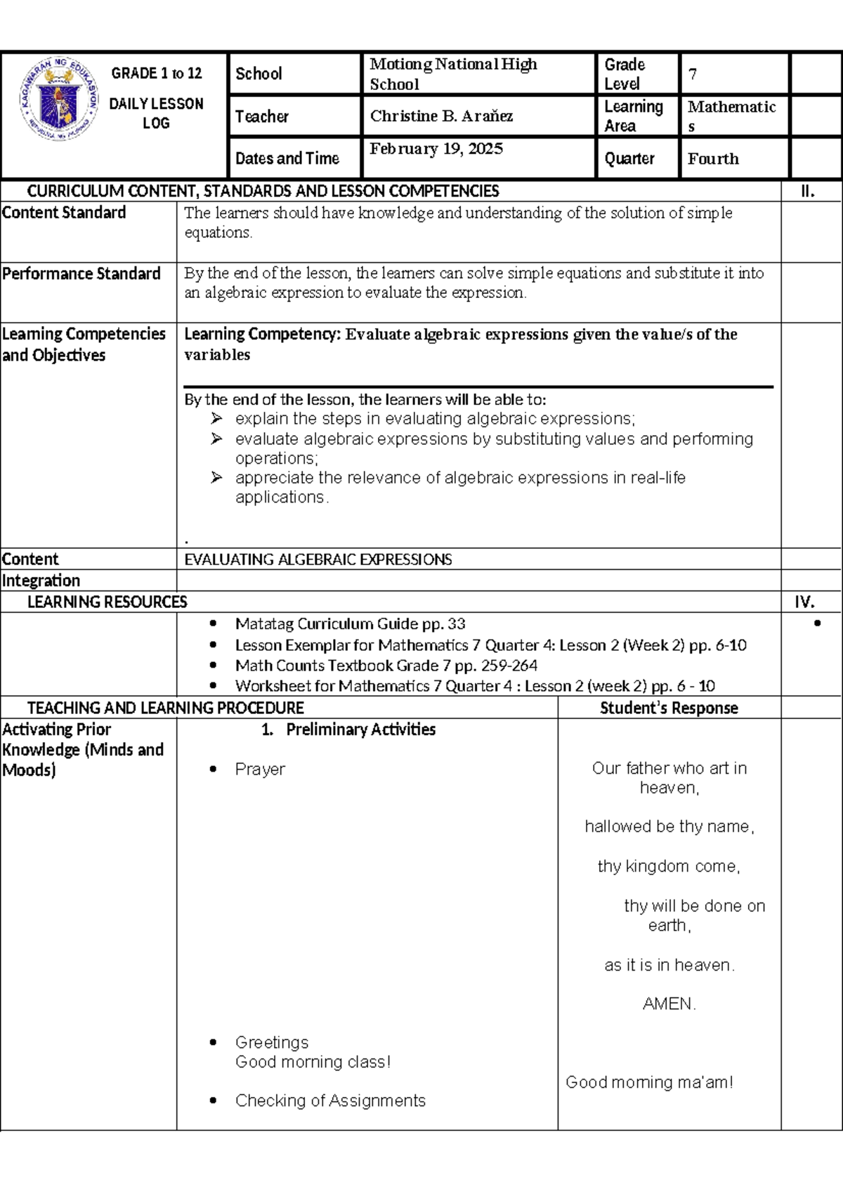 Mathematics 7 Lesson Plan: Evaluating Algebraic Expressions - Studocu