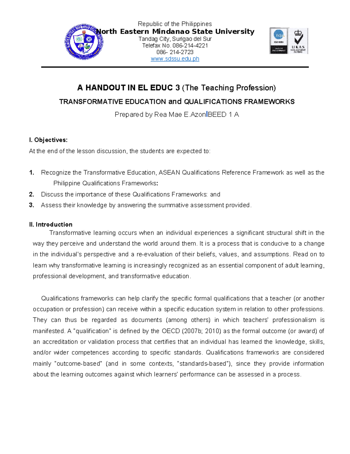 EL EDUC 3 Handout: Transformative Education & Qualifications Frameworks - Studocu