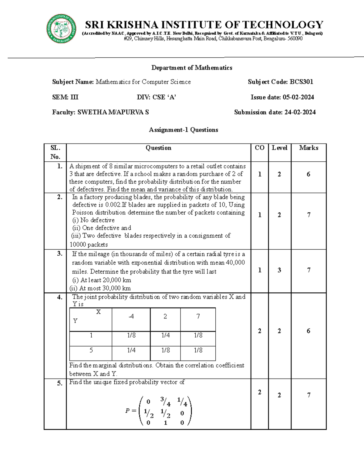 BCS301 Assignment 1 CSE A - SRI KRISHNA INSTITUTE OF TECHNOLOGY ...