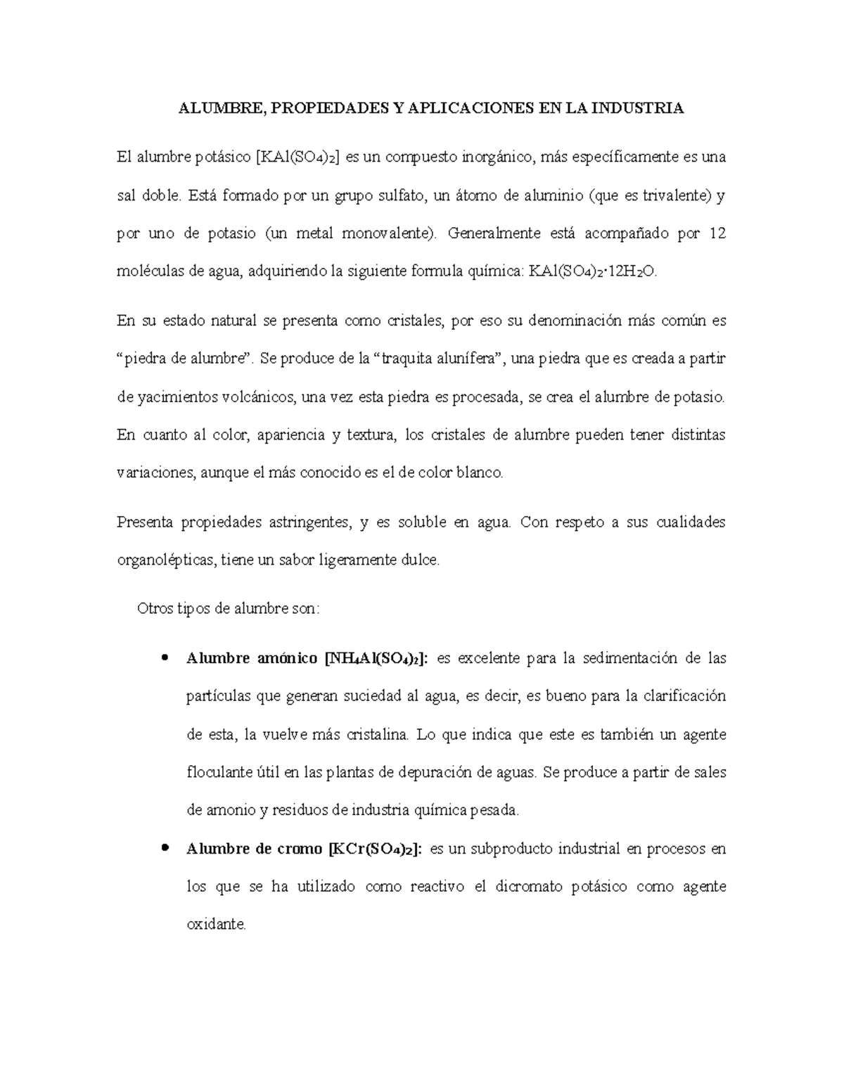 Propiedades y Aplicaciones del Alumbre en la Industria Química - Studocu