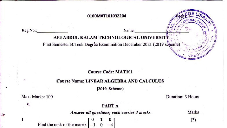 MAT101 Final Exam: Linear Algebra & Calculus December 2021 - Studocu