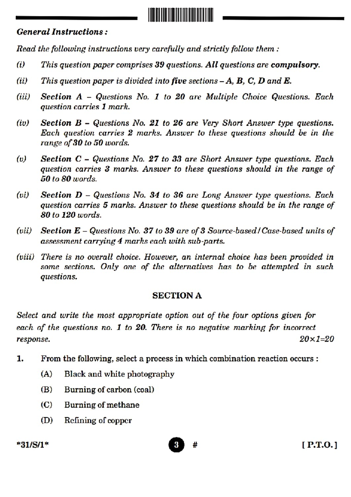 General Instructions for Compulsory Question Paper: 39 Questions - Studocu