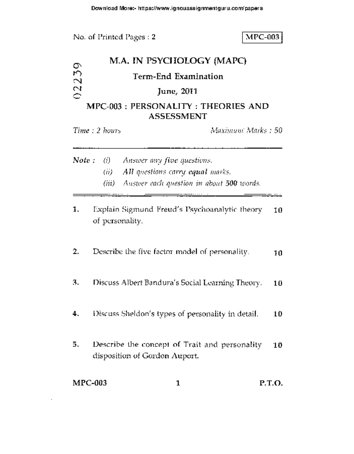 MPC-003 Previous Year Question Papers: Theories & Assessments of ...