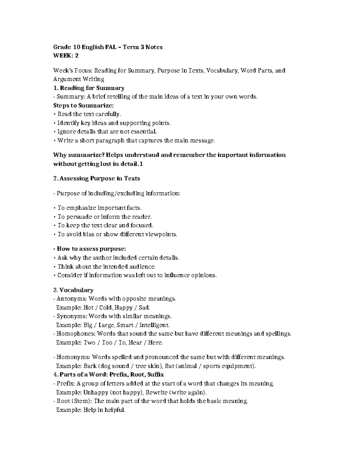 Grade 10 English FAL Term 3 Notes: Reading, Vocabulary & Writing - Studocu