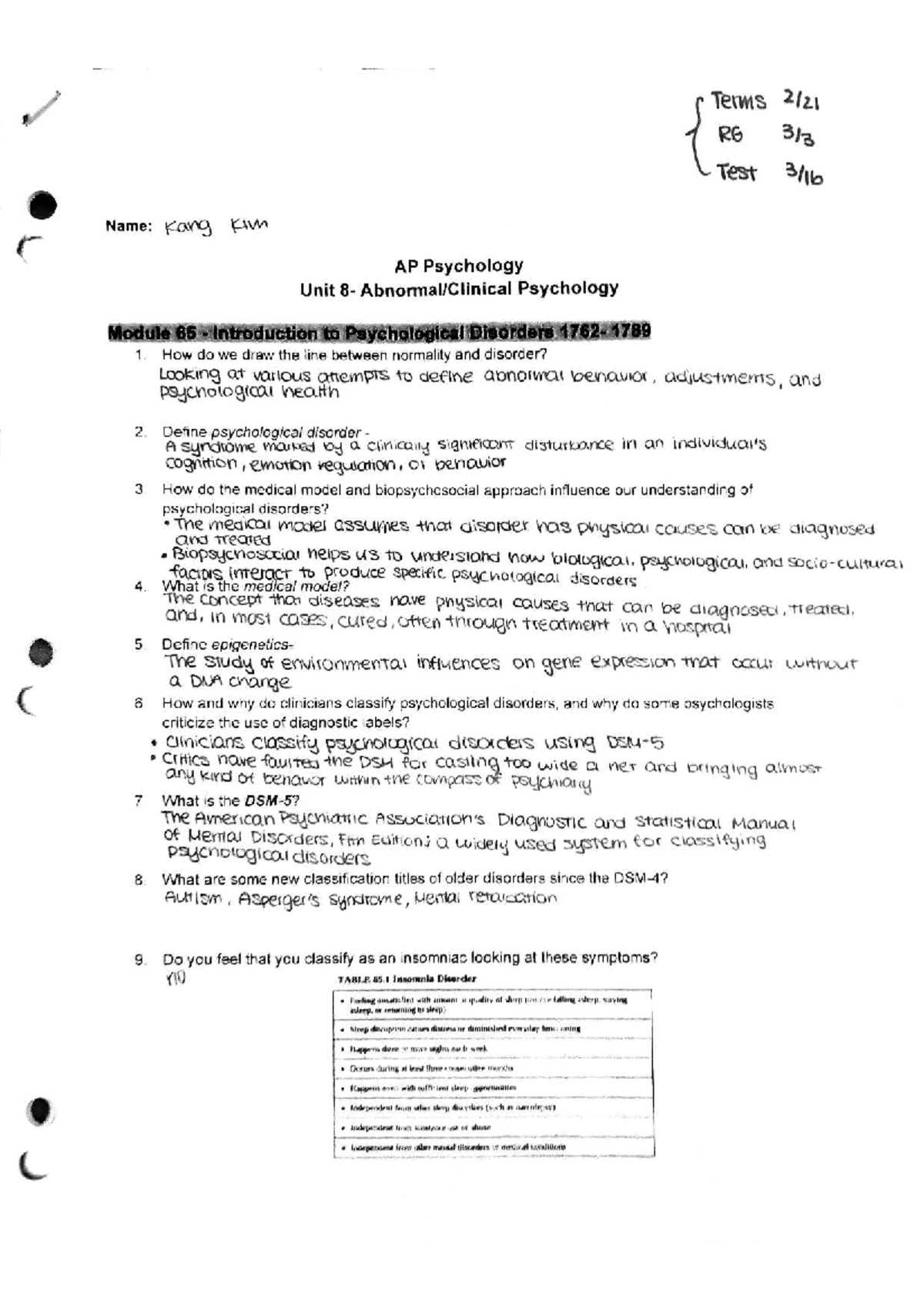 AP Psychology Unit 8 RG - Reading Guide on Psychological Disorders and ...
