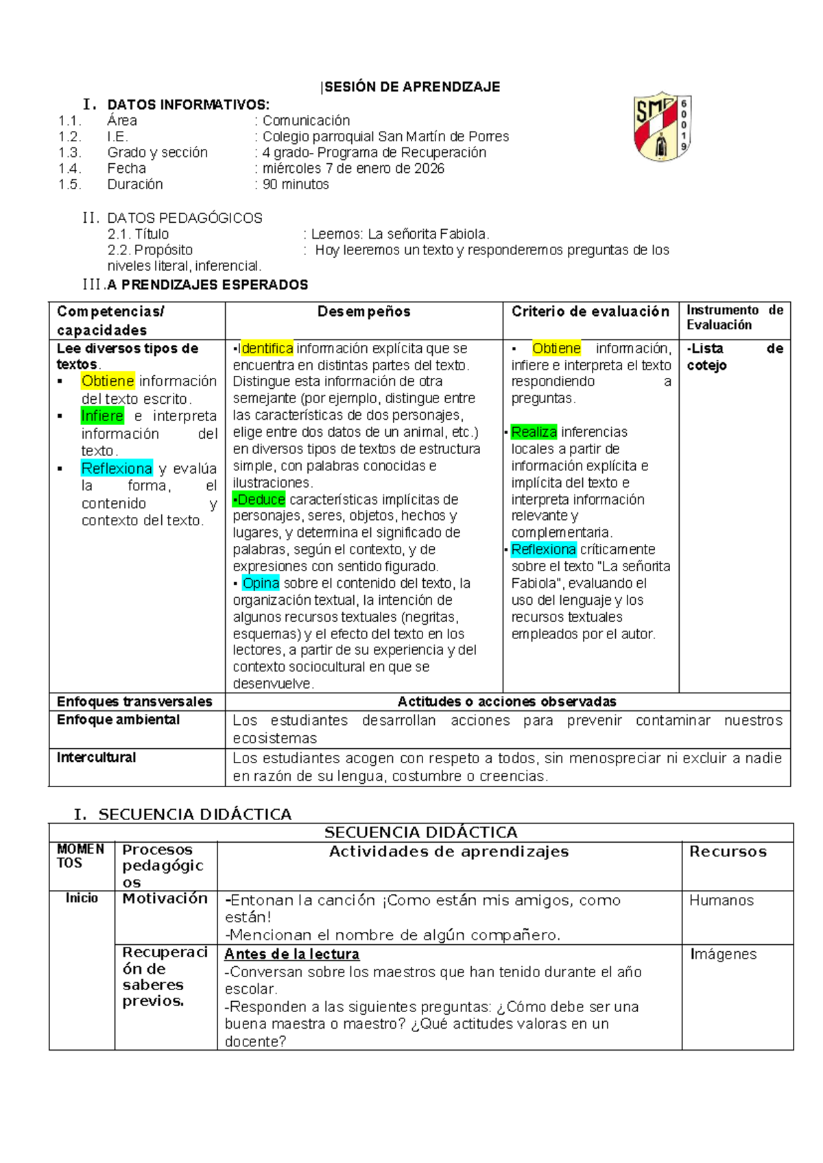 Leemos: La señorita Fabiola - Actividades de Aprendizaje - Studocu