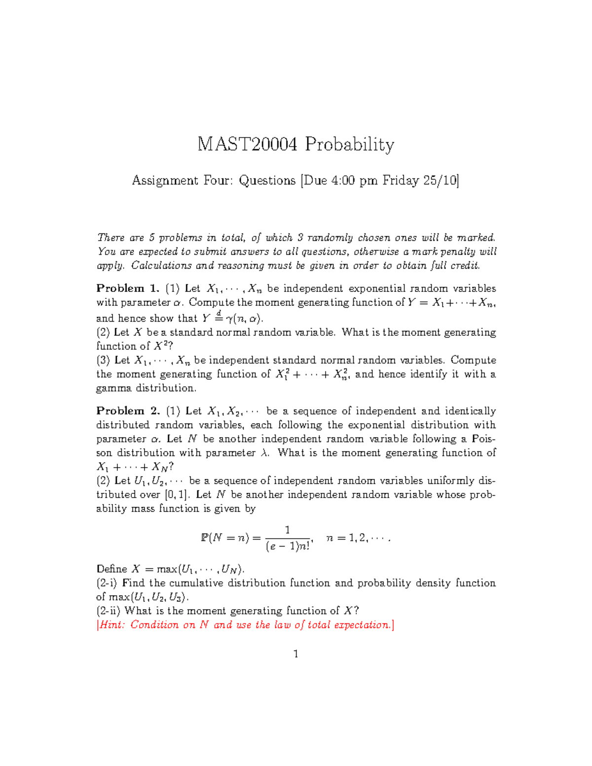 Assignment 4 Questions - MAST20004 Probability Assignment Four ...