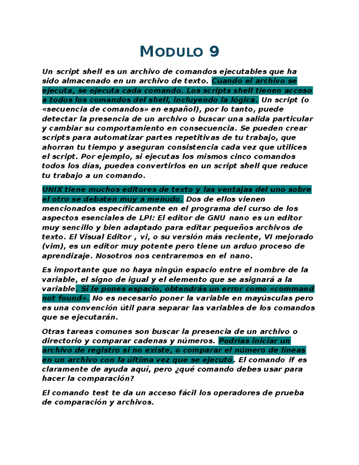 Resumen modulo 9 - MODULO 9 Un script shell es un archivo de comandos ...