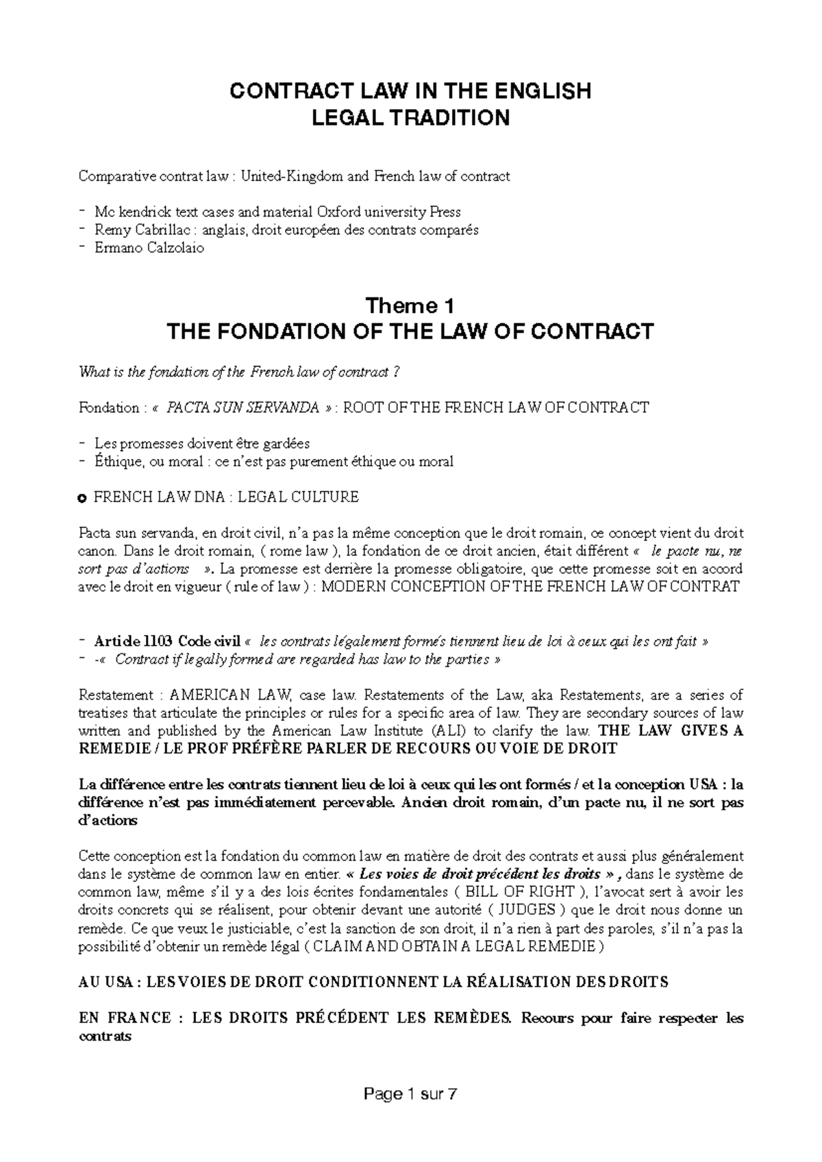 Comparative Study of English and French Contract Law (LAW 101) - Studocu