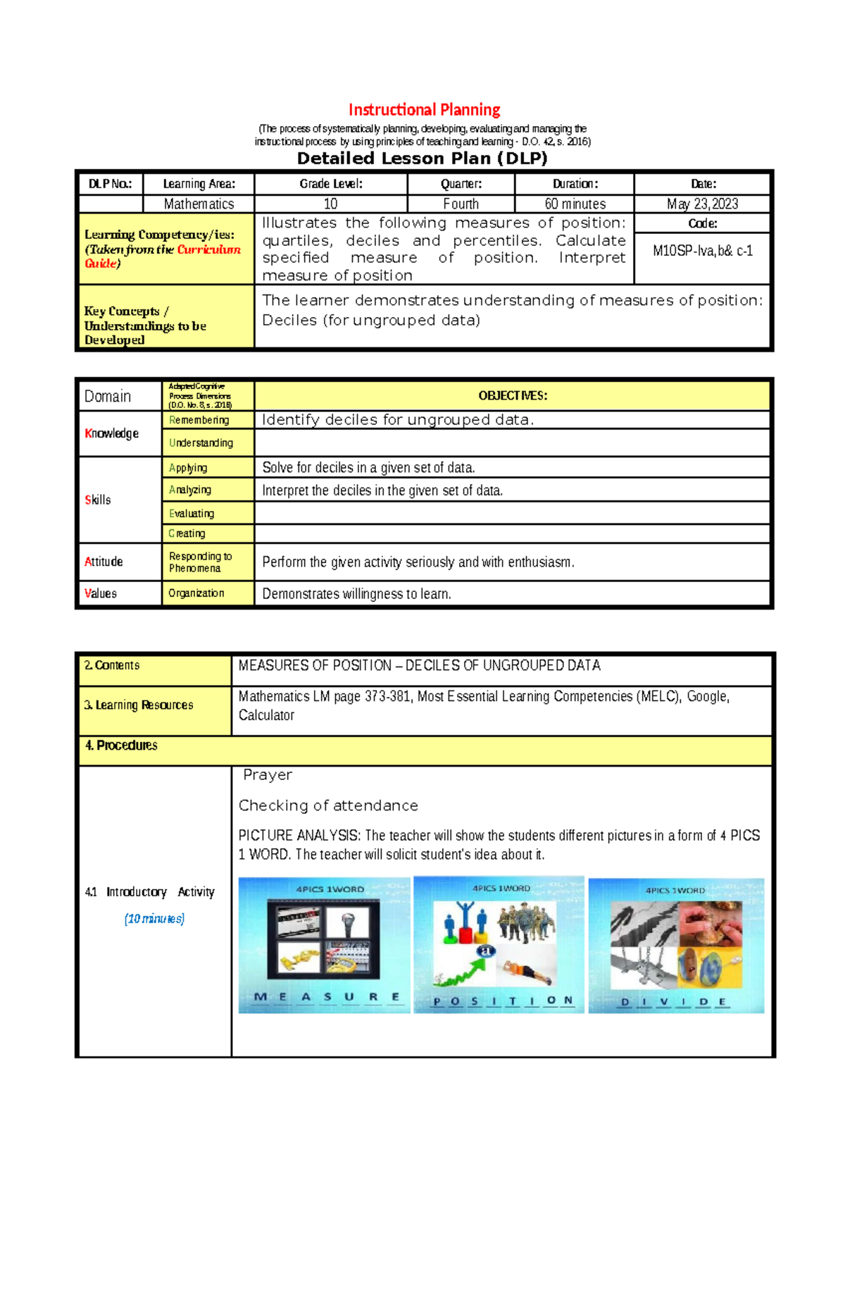 DLP-10: Detailed Lesson Plan on Deciles for Mathematics Grade 10 - Studocu