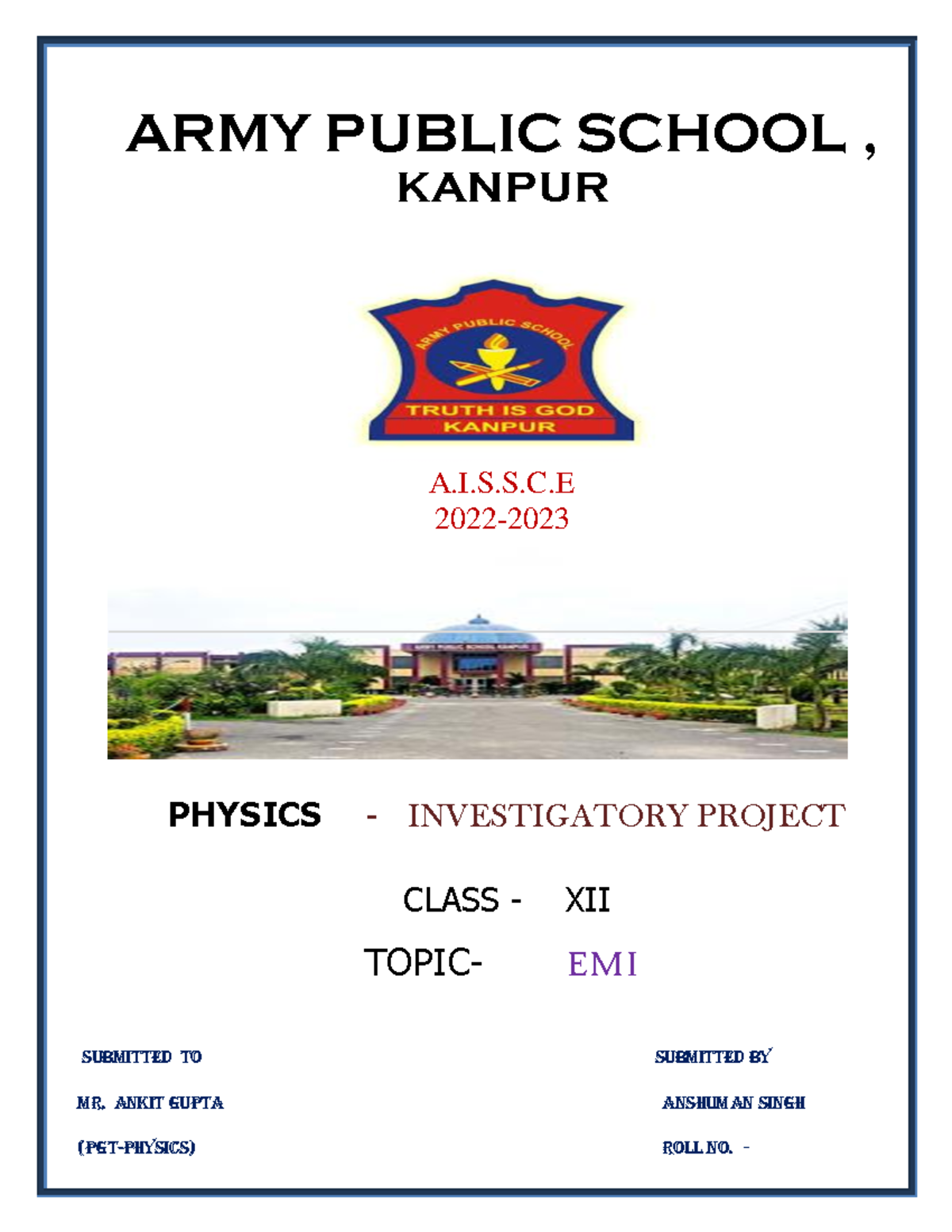 Physics Investigatory Project on EMI - Class XII - Anshuman's Work - Studocu