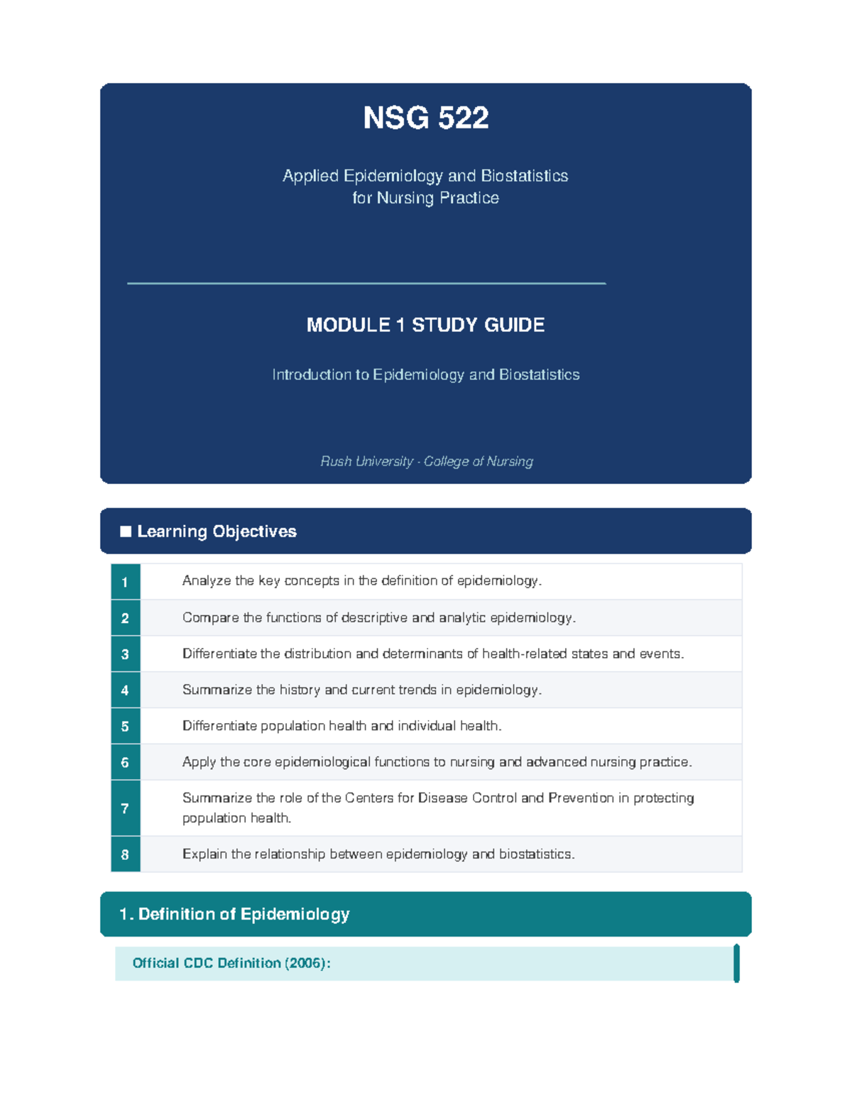 NSG 522 Module 1 Study Guide: Introduction to Epidemiology ...