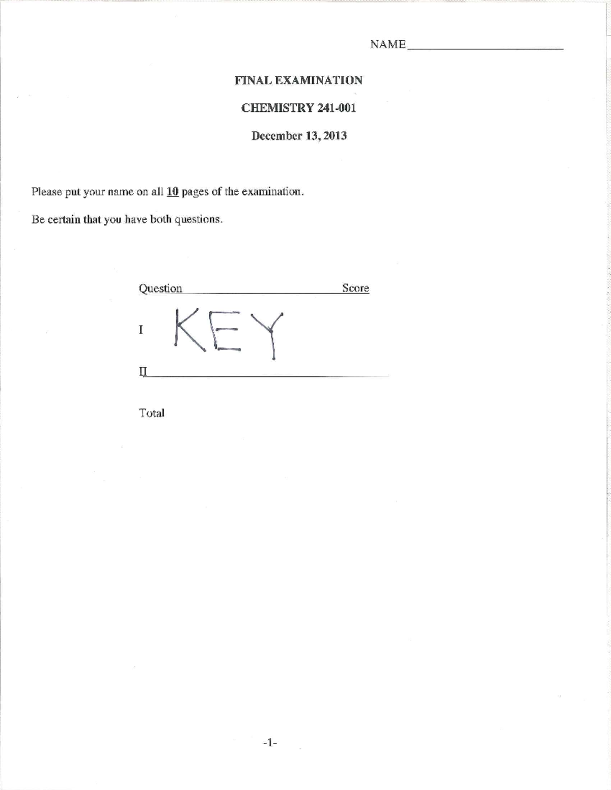 KEY Final-2013 - Practice material - NAME FINAL EXAMINATION CHEMISTRY ...