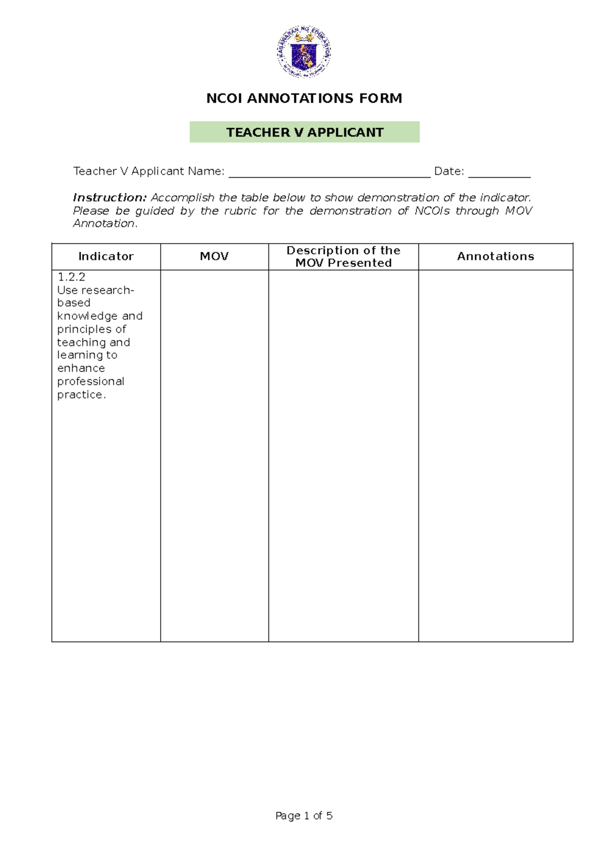 NCOI Annotations Form for Teacher V Applicant Evaluation - Studocu