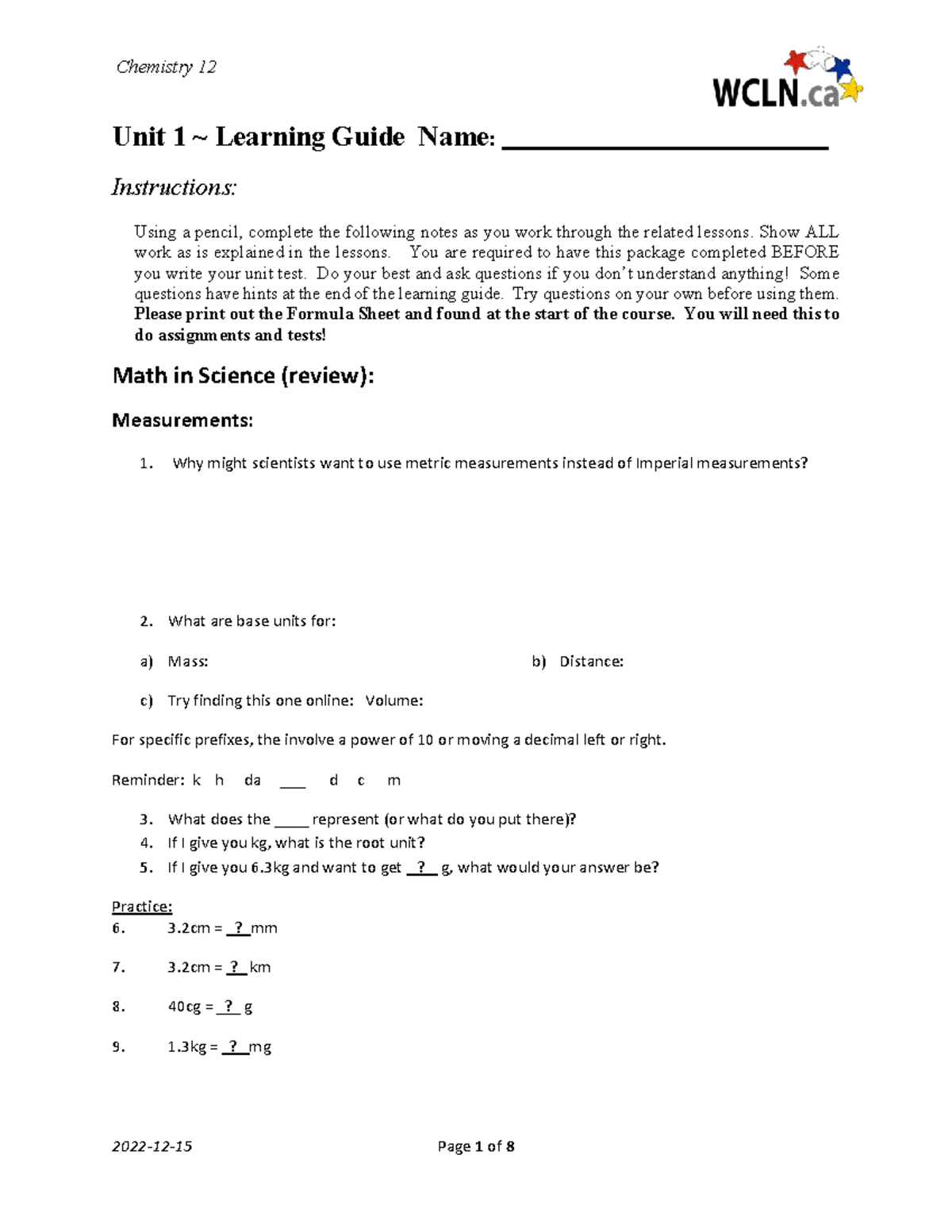 Chemistry 12 Unit 1 Learning Guide: Essential Notes and Practice - Studocu