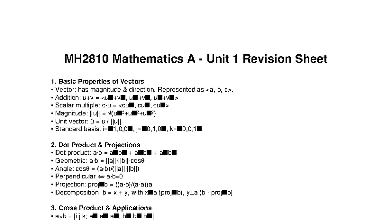 MH2810 Mathematics A Unit 1 Vector Revision Guide - Studocu