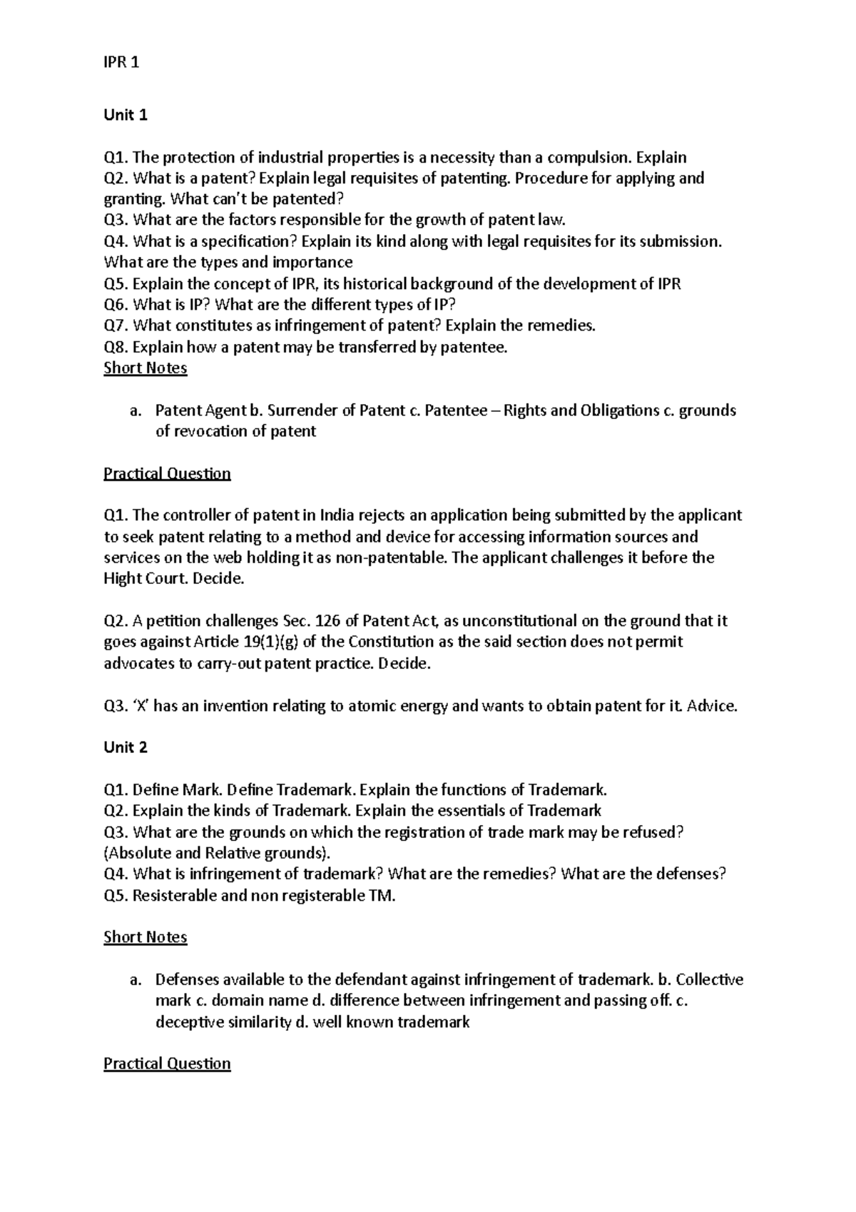 IPR 1 - KSLU Previous Year Question Bank and Important Concepts - Studocu