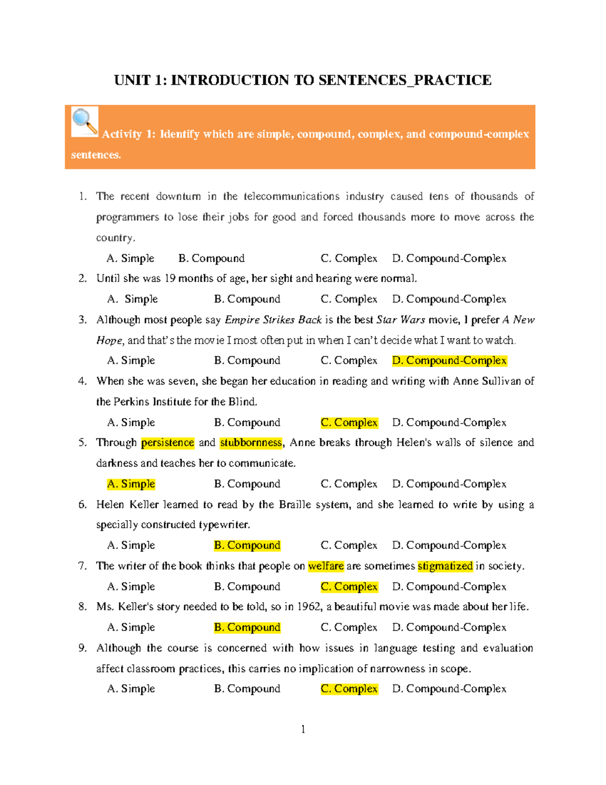 UNIT 1: SENTENCES PRACTICE - SIMPLE, COMPOUND, COMPLEX TYPES - Studocu