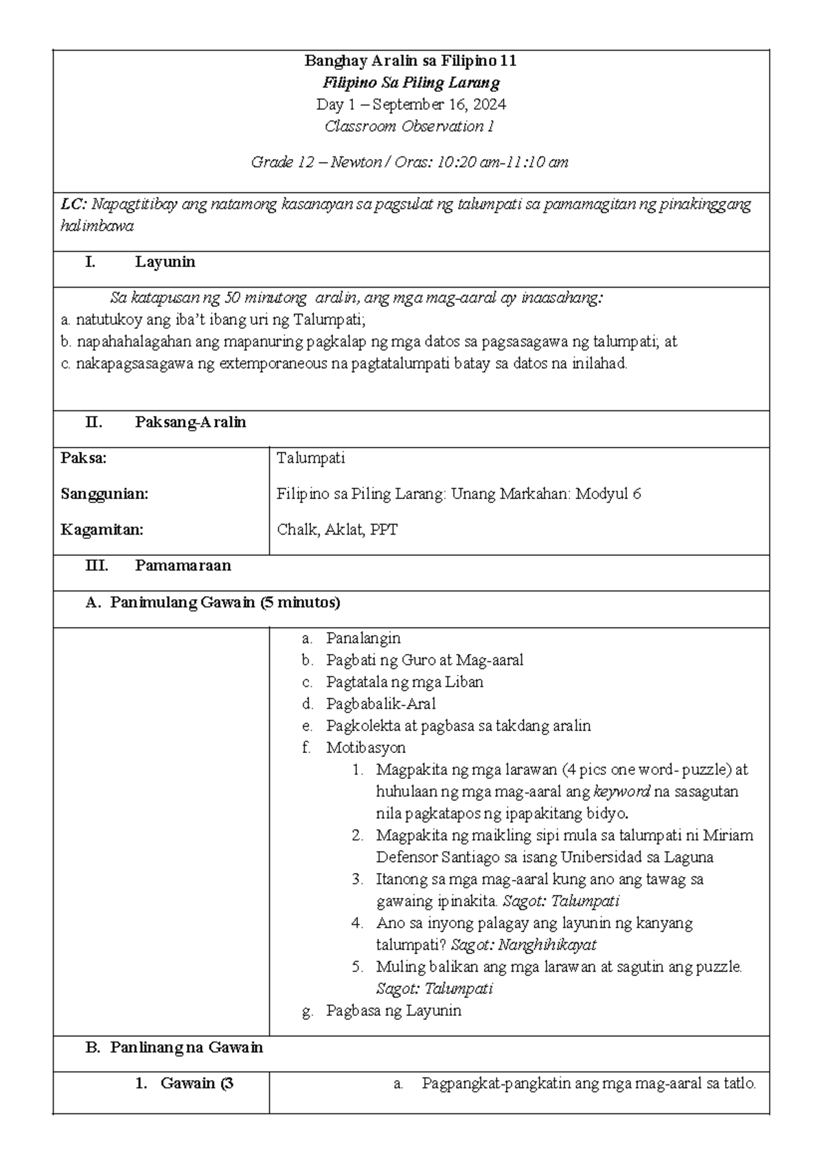 CO1 - Lesson Plan on Talumpati in Filipino 11 - Studocu