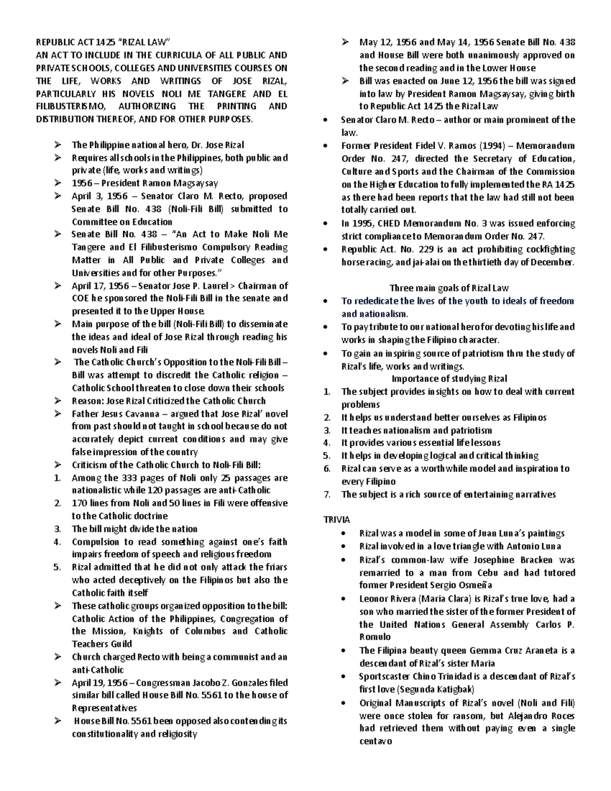 RA 1425: Comprehensive Overview of the Rizal Law and Its Impact - Studocu