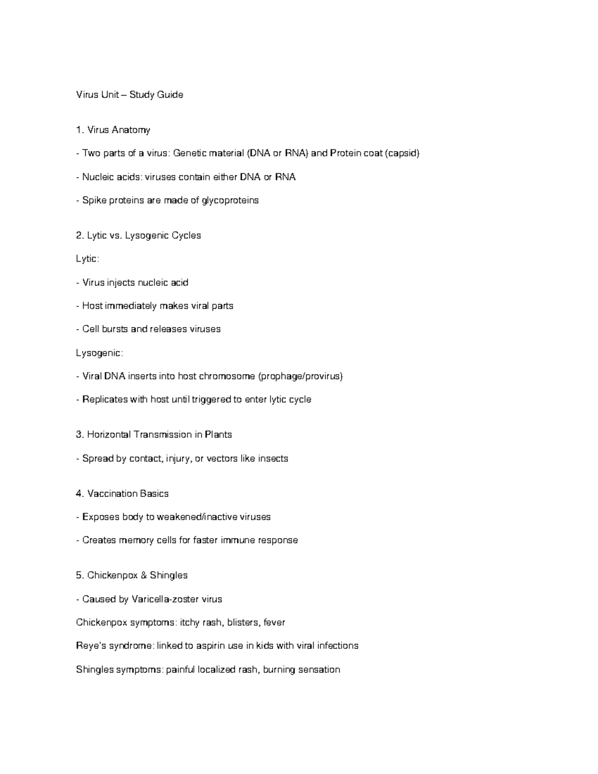 Virus Unit Study Guide: Anatomy, Cycles, and Vaccination Basics - Studocu