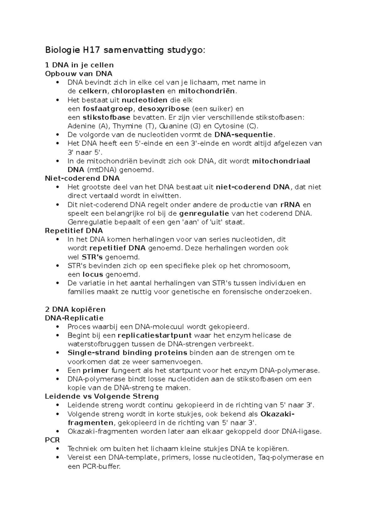 Biologie H17 & H18 Samenvatting Studygo: DNA, Eiwitten en Genregulatie ...