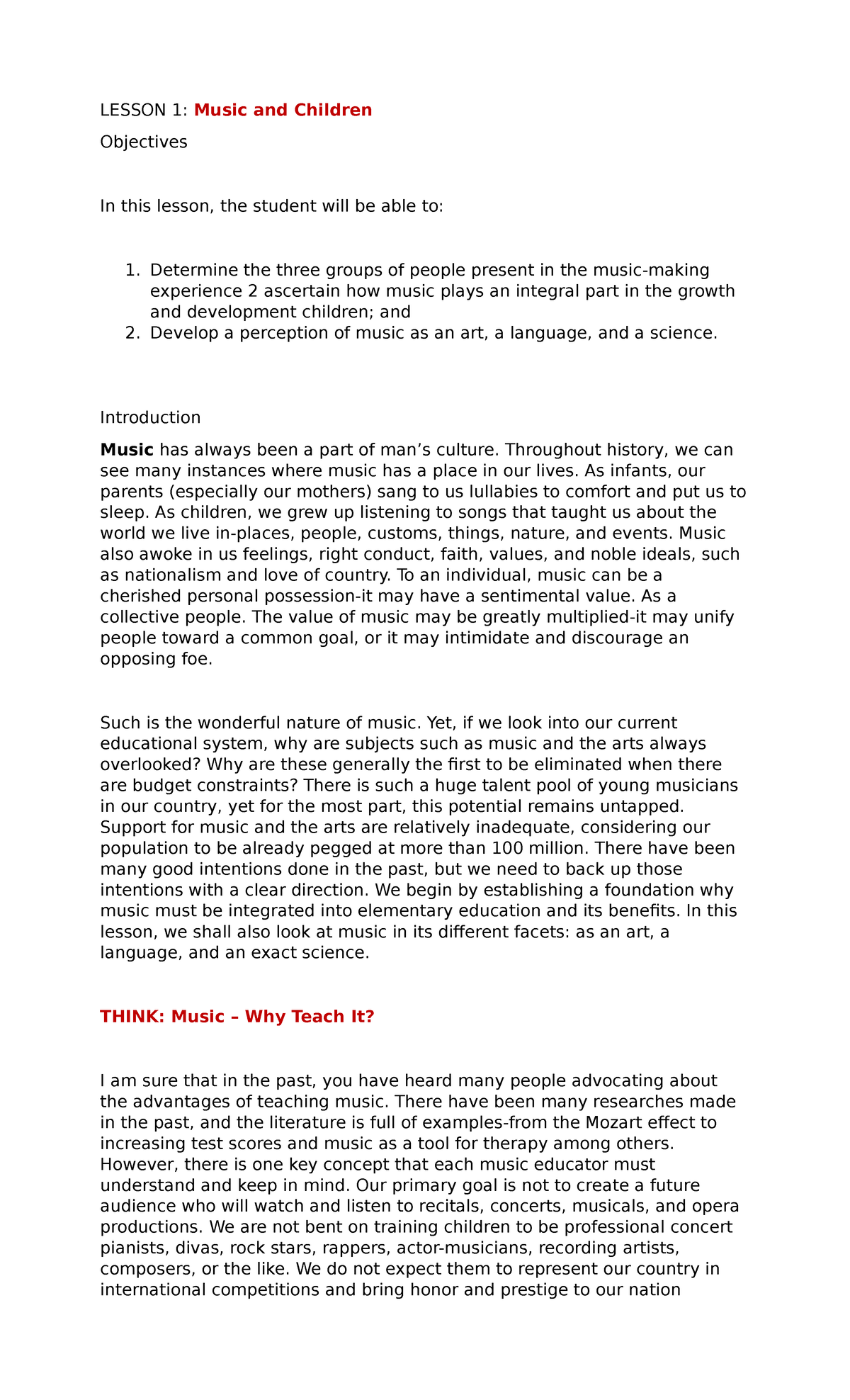 Lesson 1: Understanding the Role of Music in Child Development - Studocu