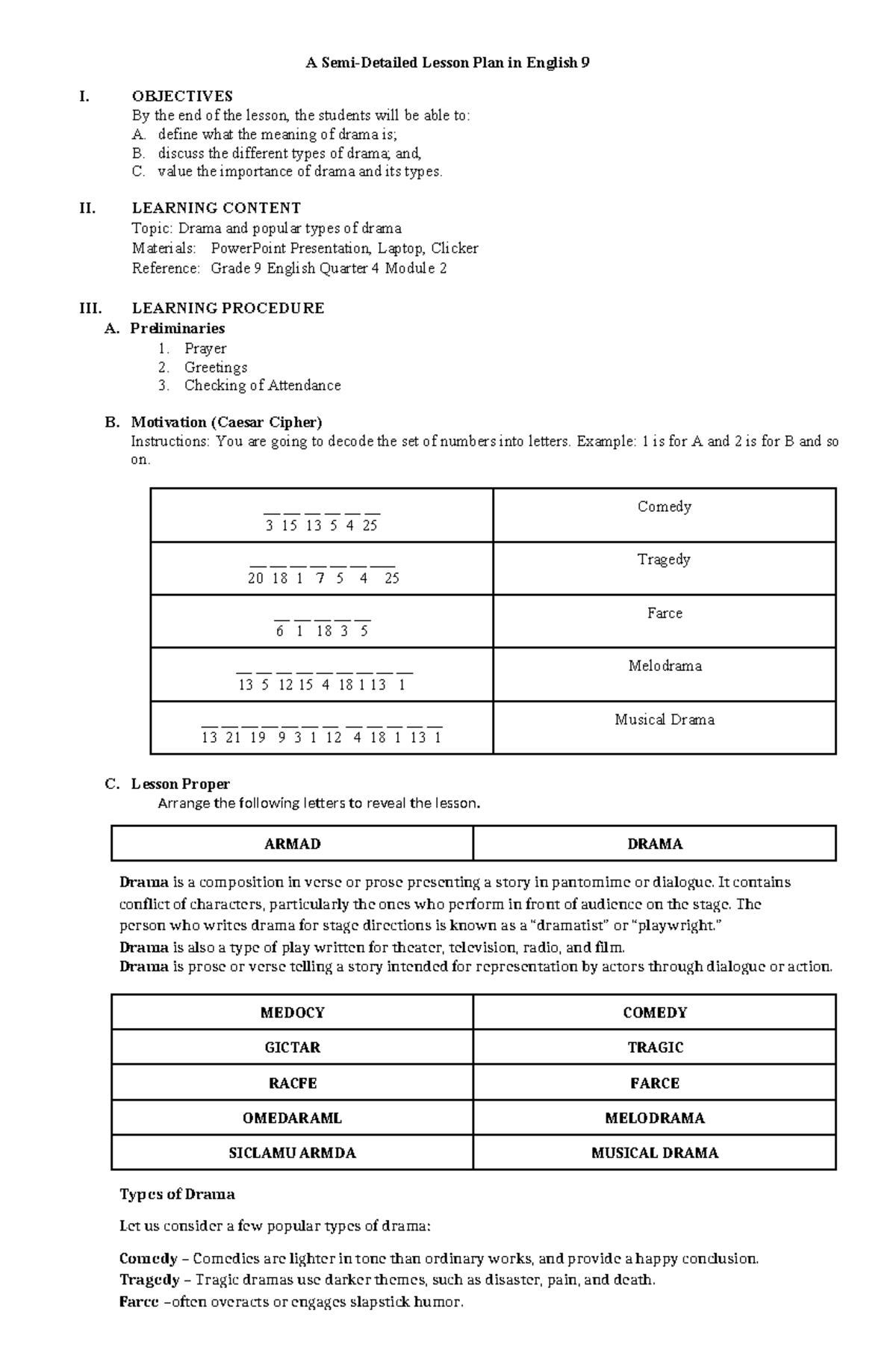 SDLP Drama - A Semi-Detailed Lesson Plan in English 9 I. OBJECTIVES By ...