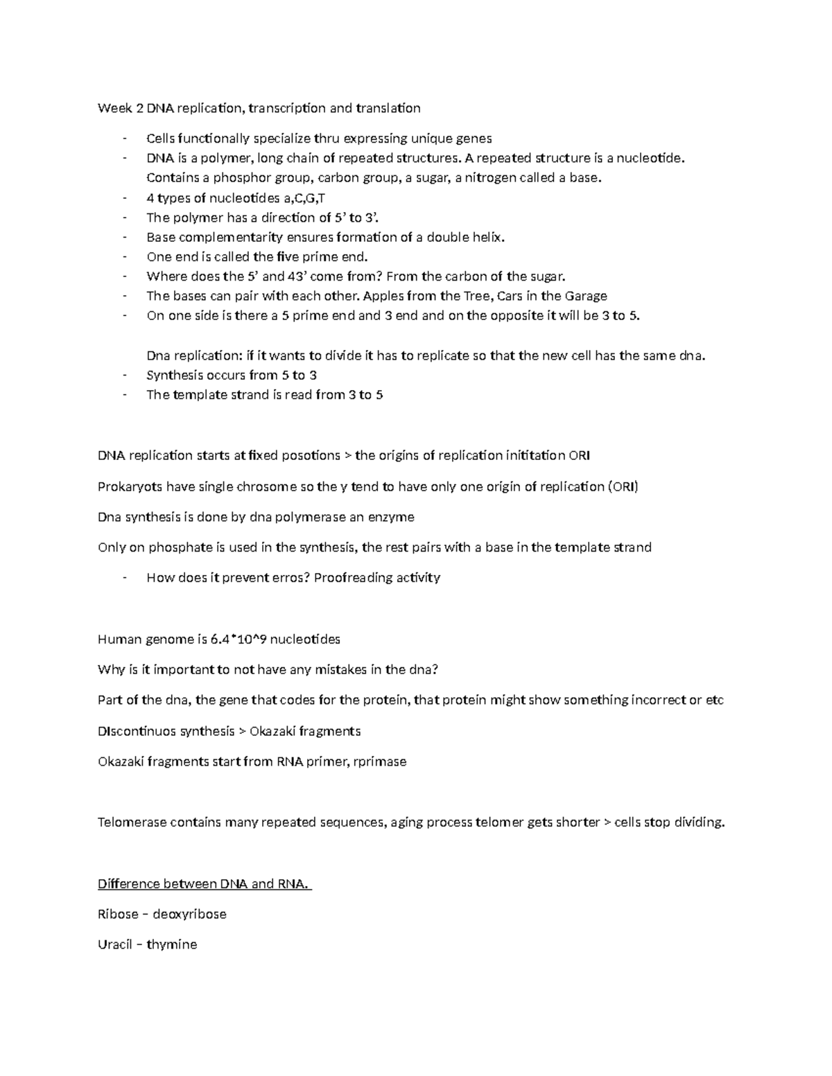 Week 2 DNA Replication, Transcription & Translation - Lecture Notes ...