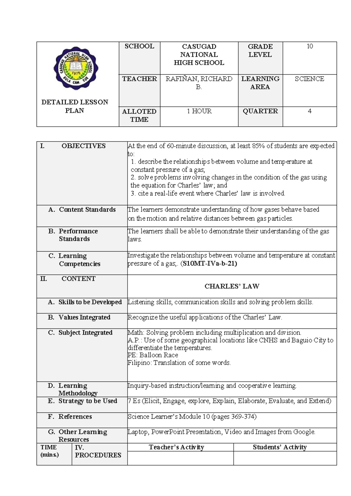 Charles' Law Lesson Plan for Science 10 Final Exam - Studocu